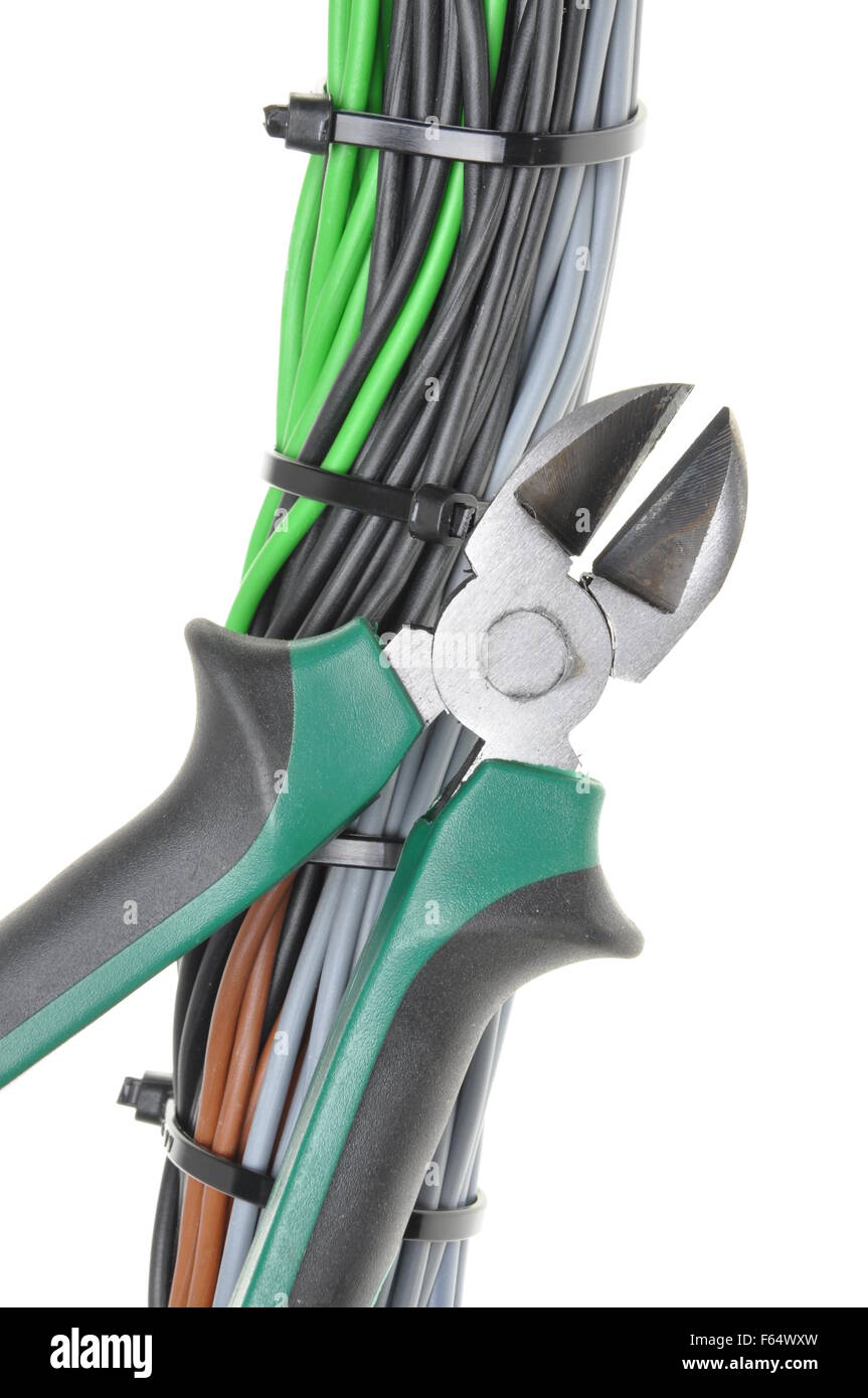 Pliers and cables isolated on white background Stock Photo - Alamy