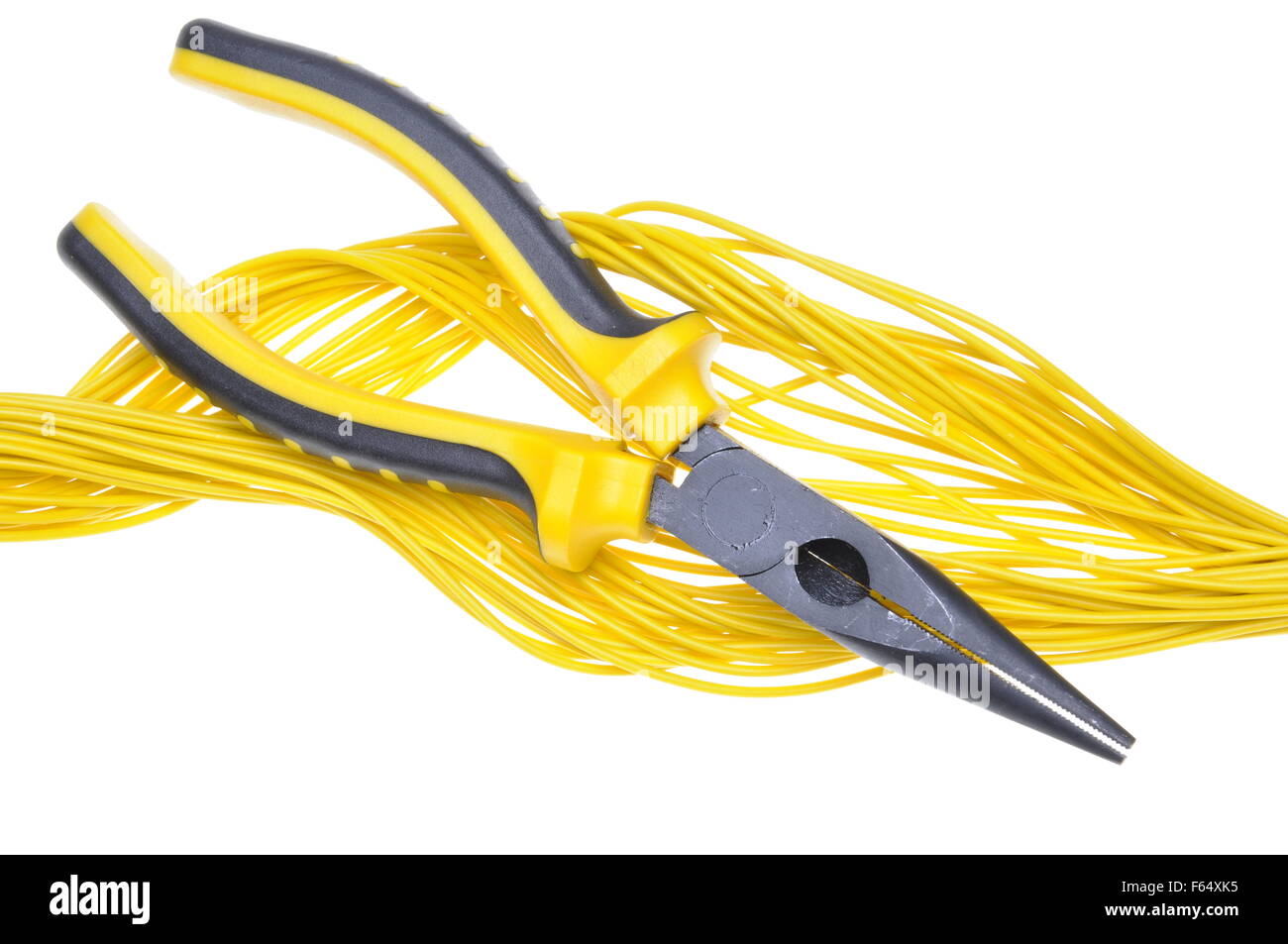 Pliers and yellow cables isolated on white background Stock Photo - Alamy