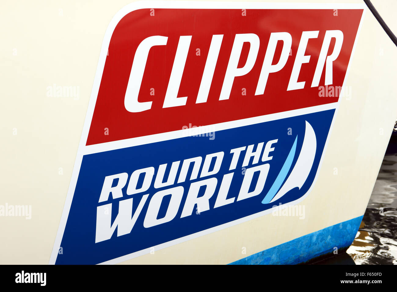 Clipper Round the World Race sticker on the bow of a sailing boat Stock ...