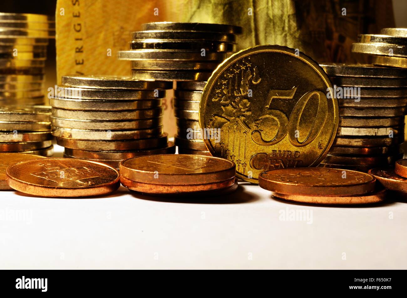 norwegian crown currrency stack with euro coin currency Stock Photo - Alamy