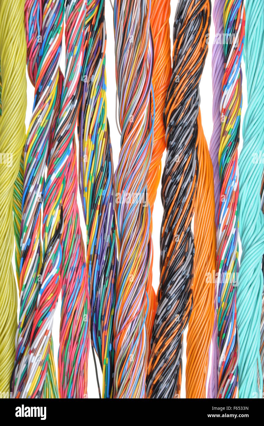 Multicolored telecommunication cables isolated on white background ...