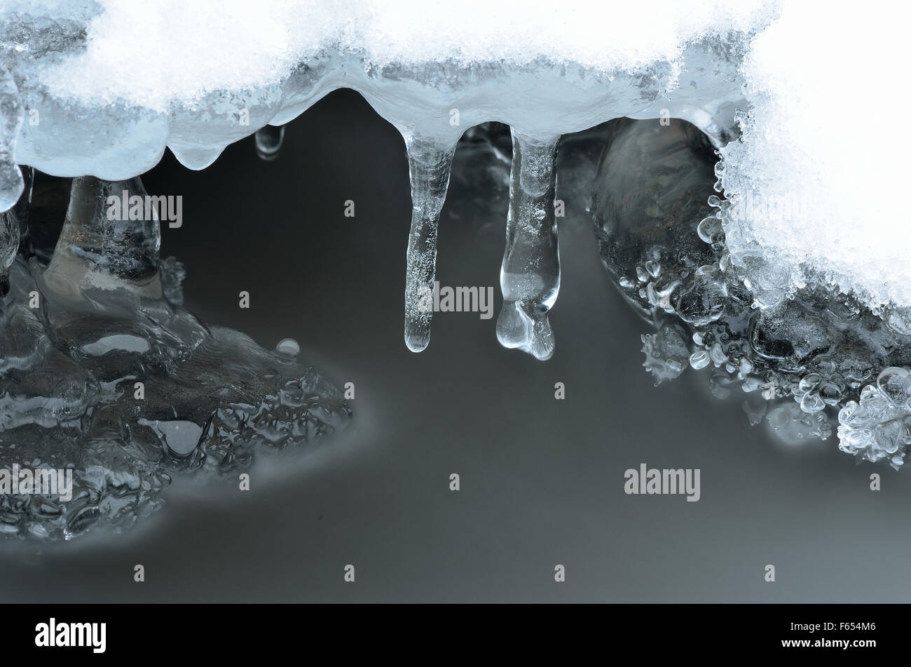 frozen ice shapes and river water flow in winter macro photo Stock ...
