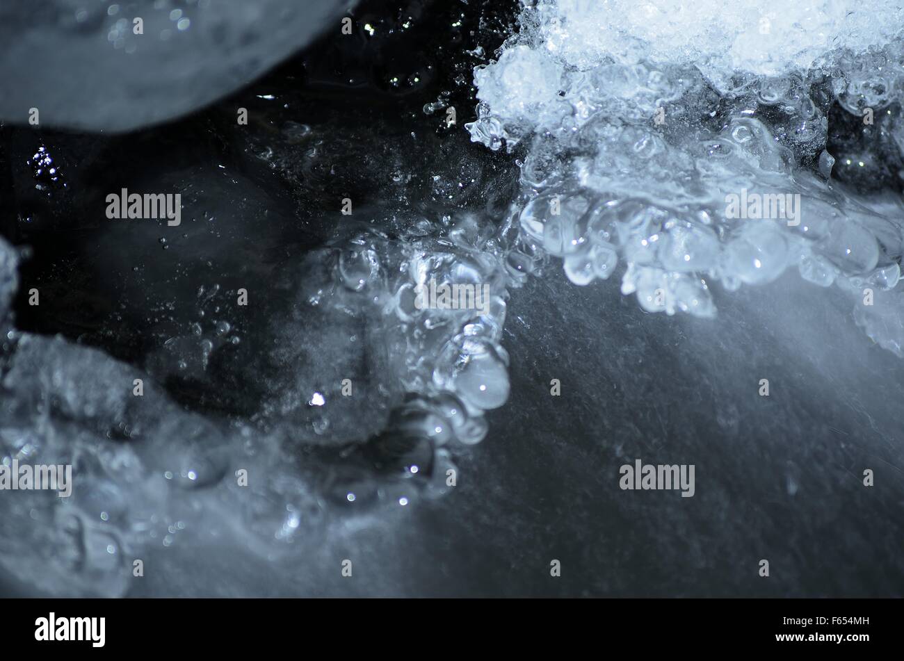 frozen ice shapes and river water flow in winter macro photo Stock ...