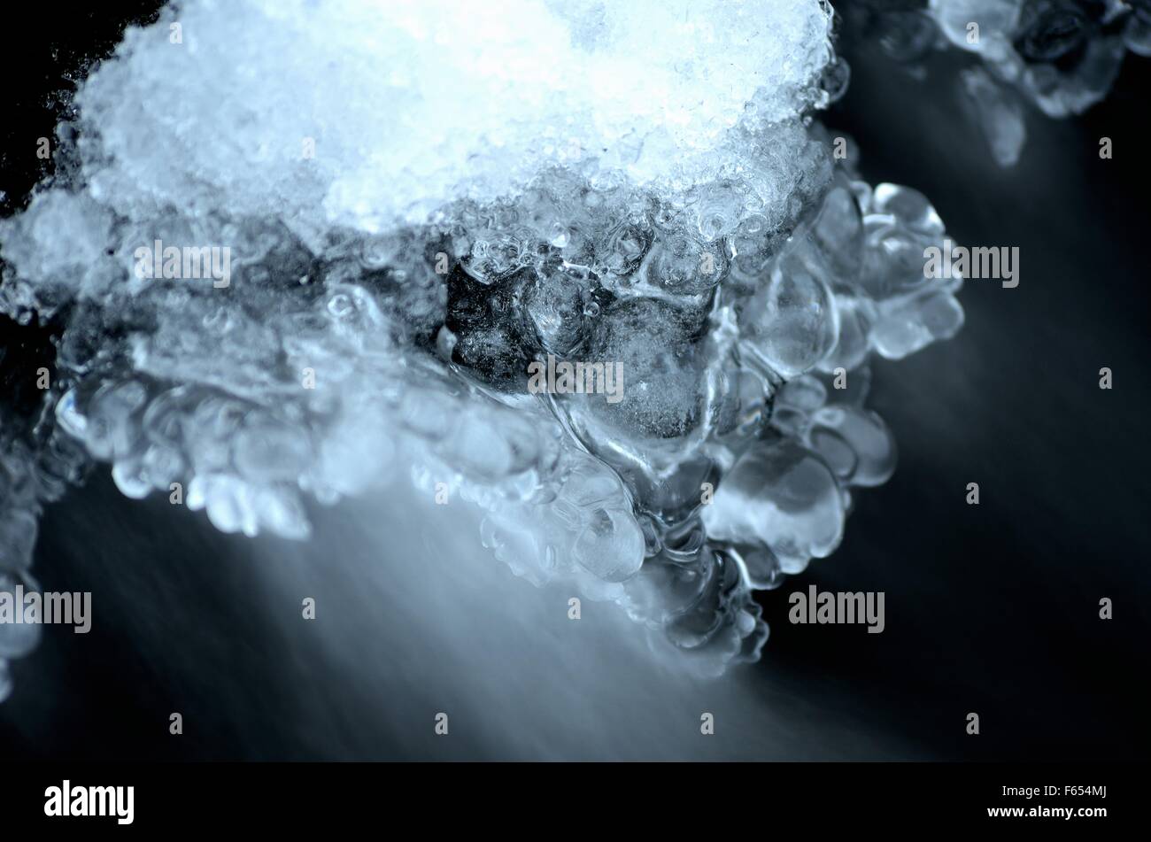 frozen ice shapes and river water flow in winter macro photo Stock ...