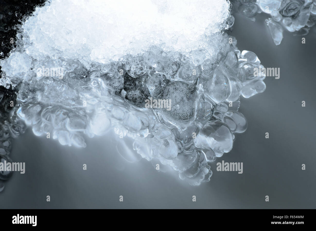 frozen ice shapes and river water flow in winter macro photo Stock ...