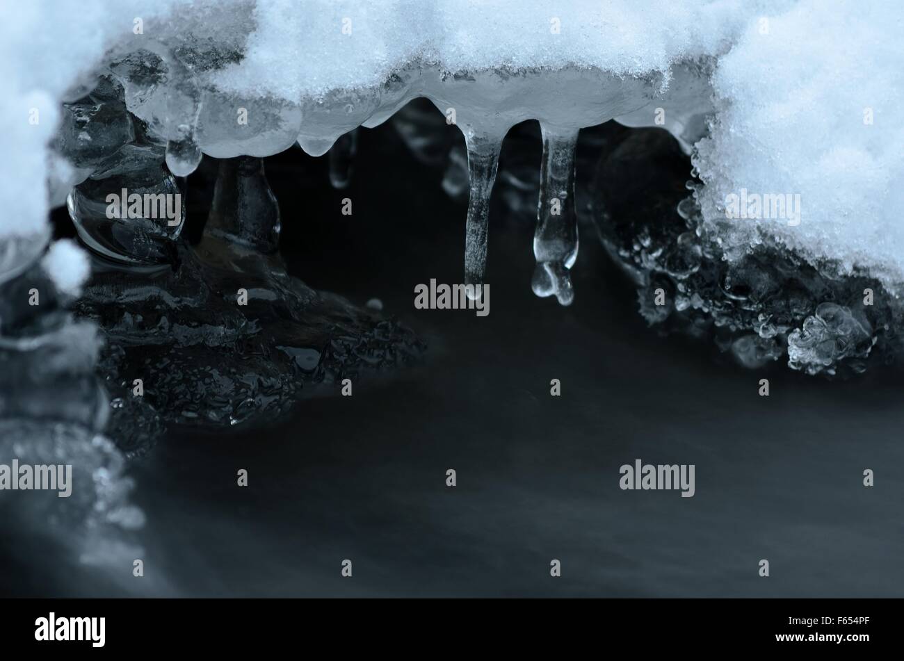 frozen ice shapes and river water flow in winter macro photo Stock ...