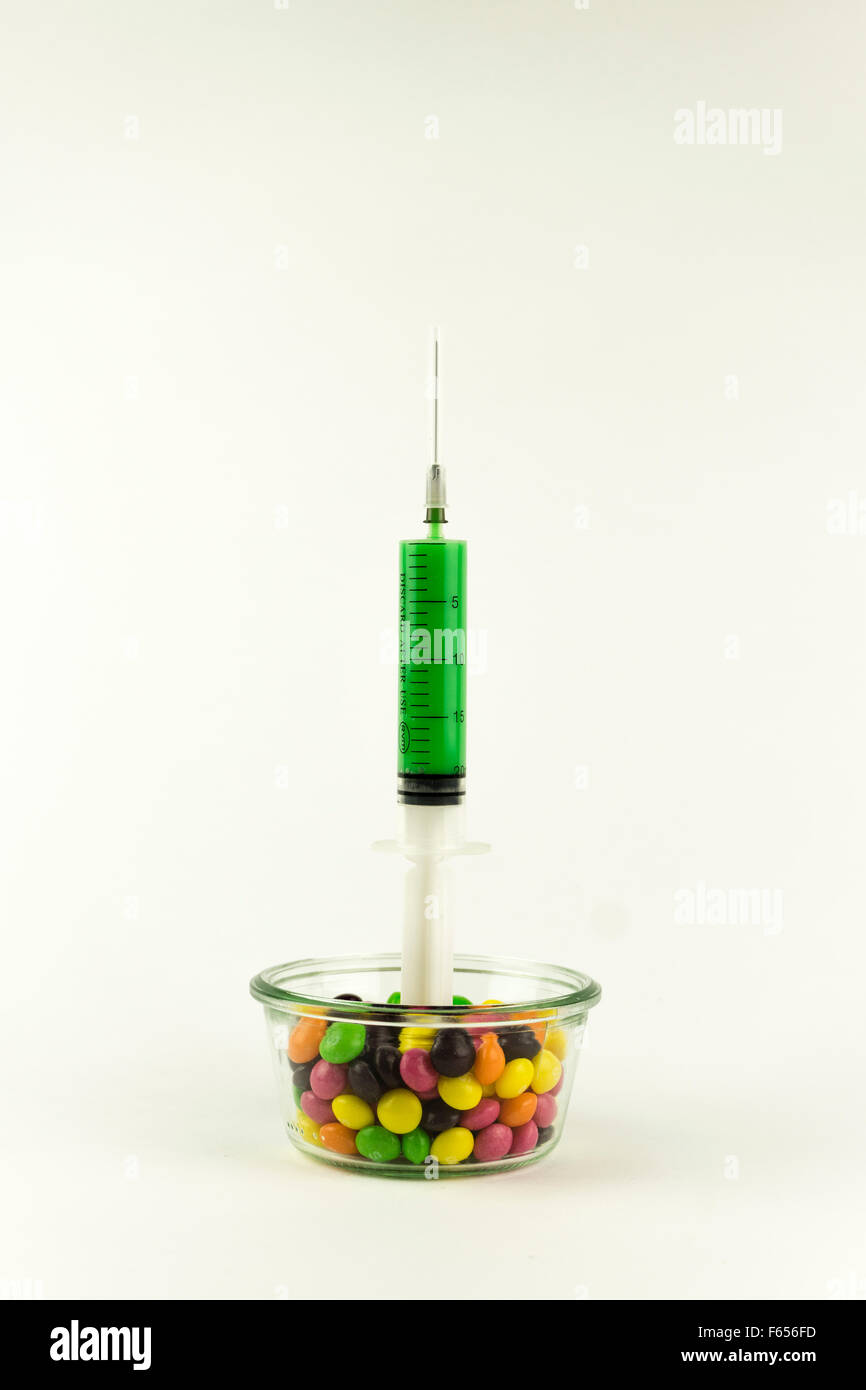Colourful syringe in a jar with candy Stock Photo - Alamy
