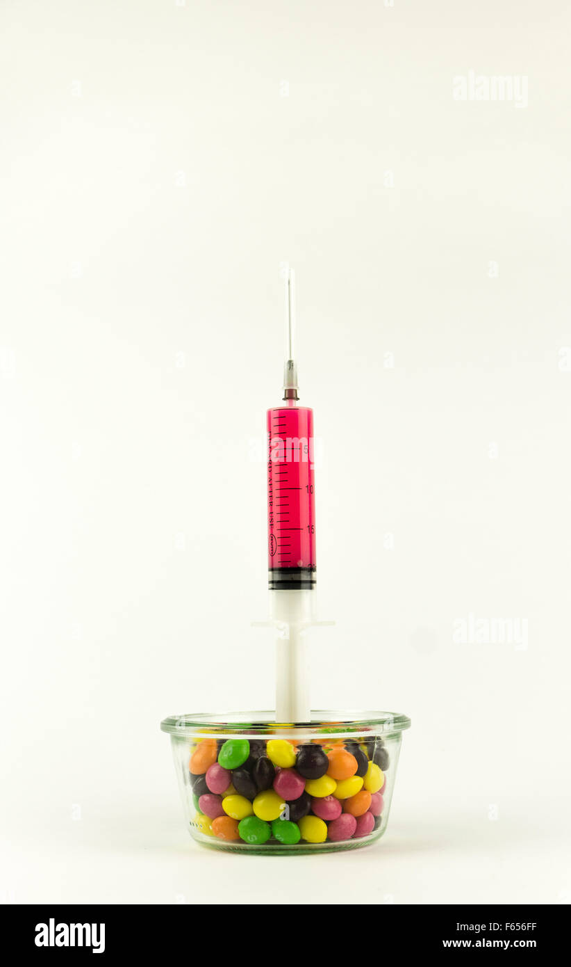 Colourful syringe in a jar with candy Stock Photo - Alamy