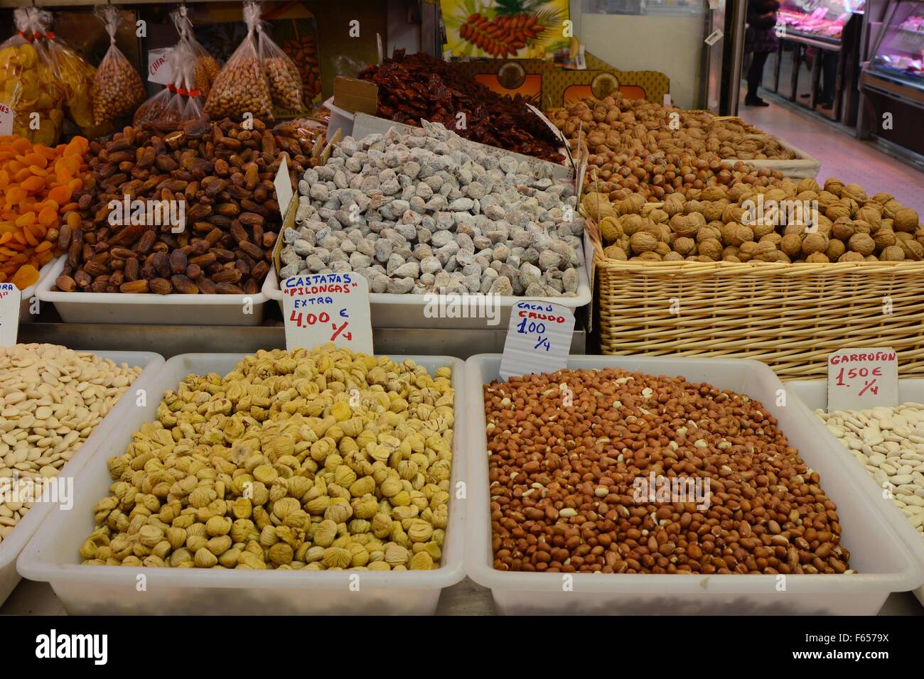 Nuts on display in the indoor central market of Valencia, Spain Stock ...