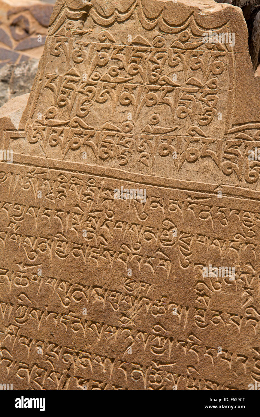 India, Himachal Pradesh, Spiti River valley, Tabo, mani stones engraved ...