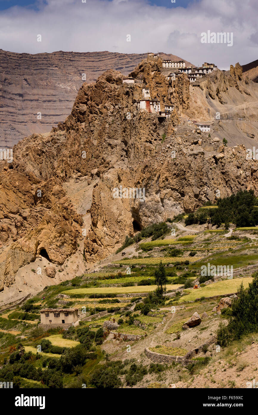India, Himachal Pradesh, Spiti valley, Dhankar monastery on ridge above ...