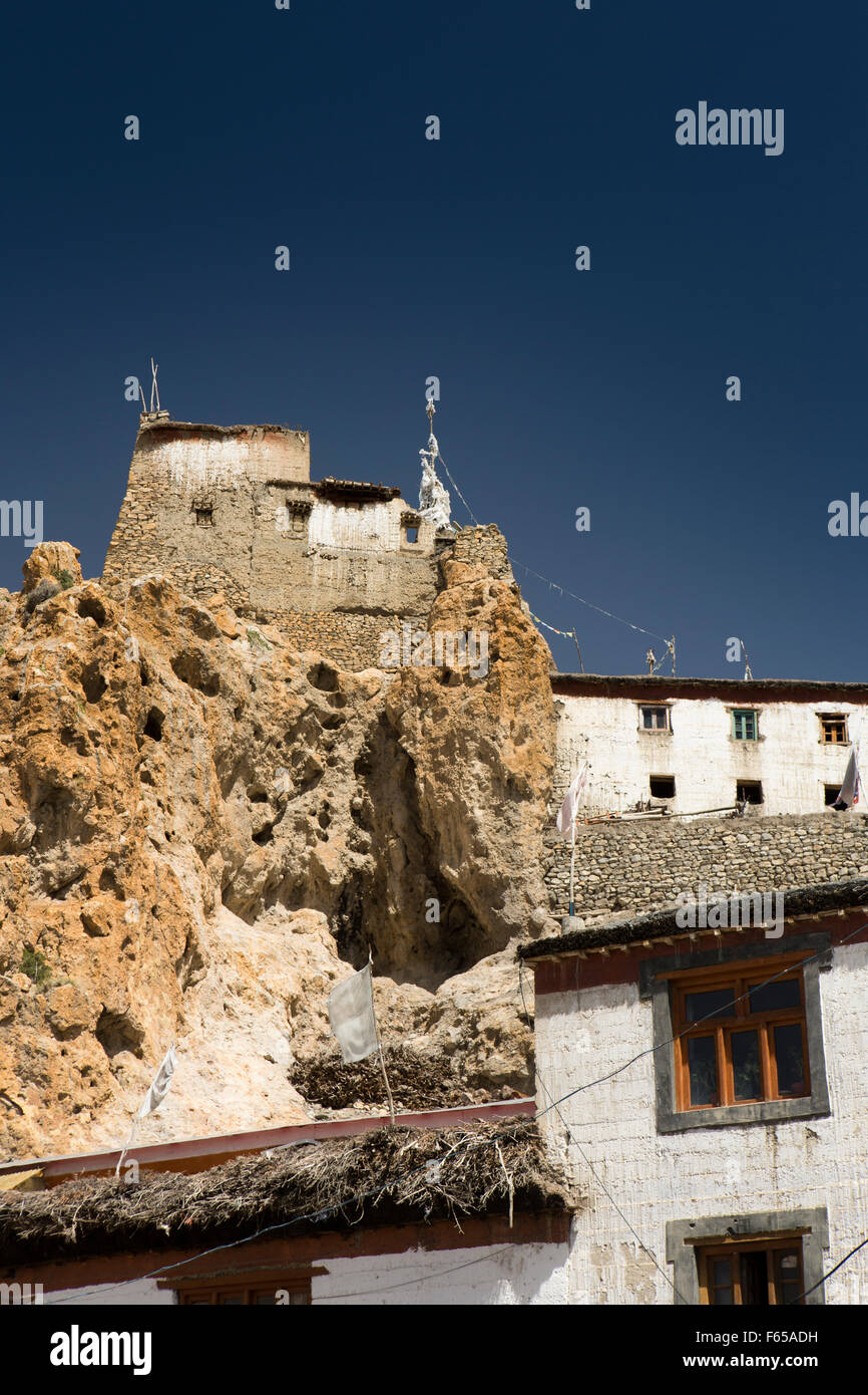 India, Himachal Pradesh, Spiti valley, Dhankar monastery remains of old ...