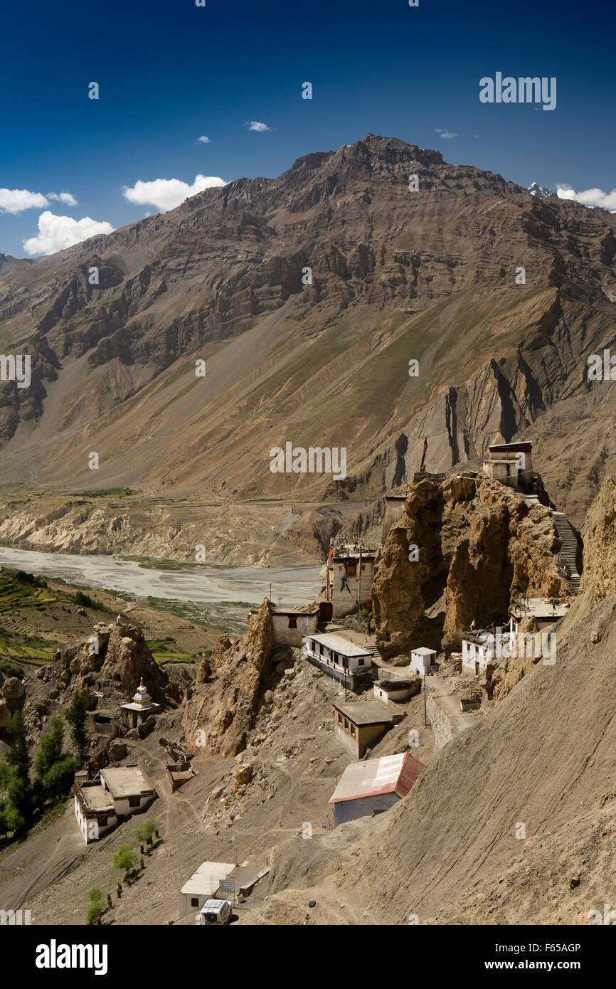 India, Himachal Pradesh, Dhankar monastery on ridge above Spiti valley ...