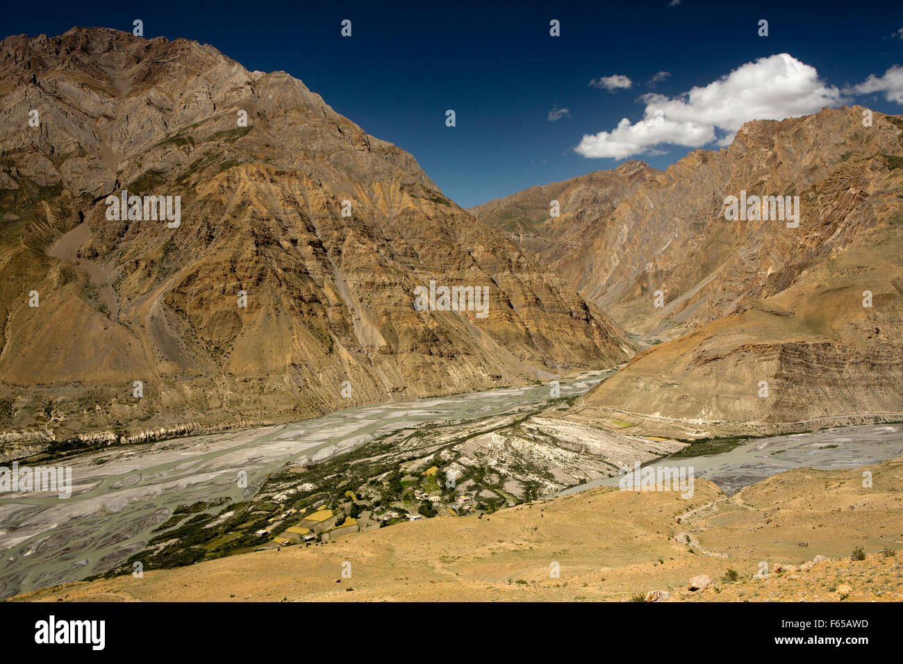 India, Himachal Pradesh, Spiti valley, elevated view of famland at ...