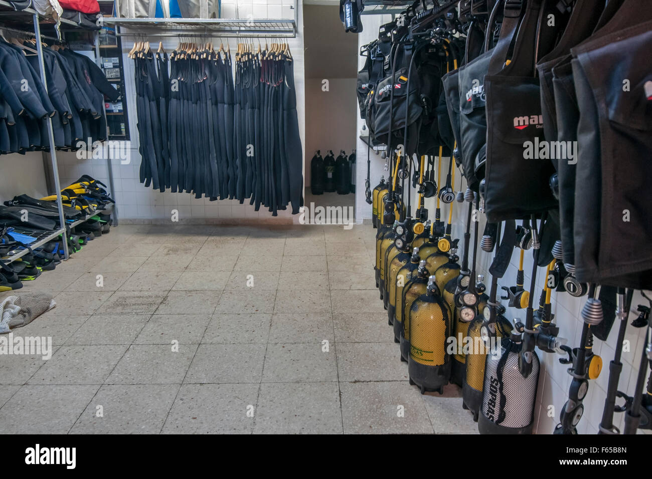 A SCUBA diving club in Larnaca, Cyprus the diving equipment storage ...