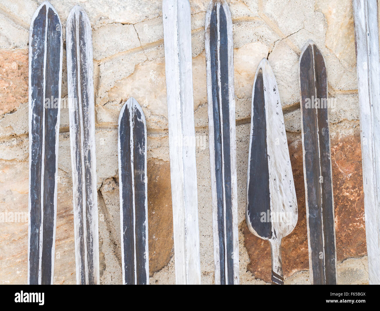 Maasai weapons: swords, spears and knifes, sold as souvenirs at a local ...