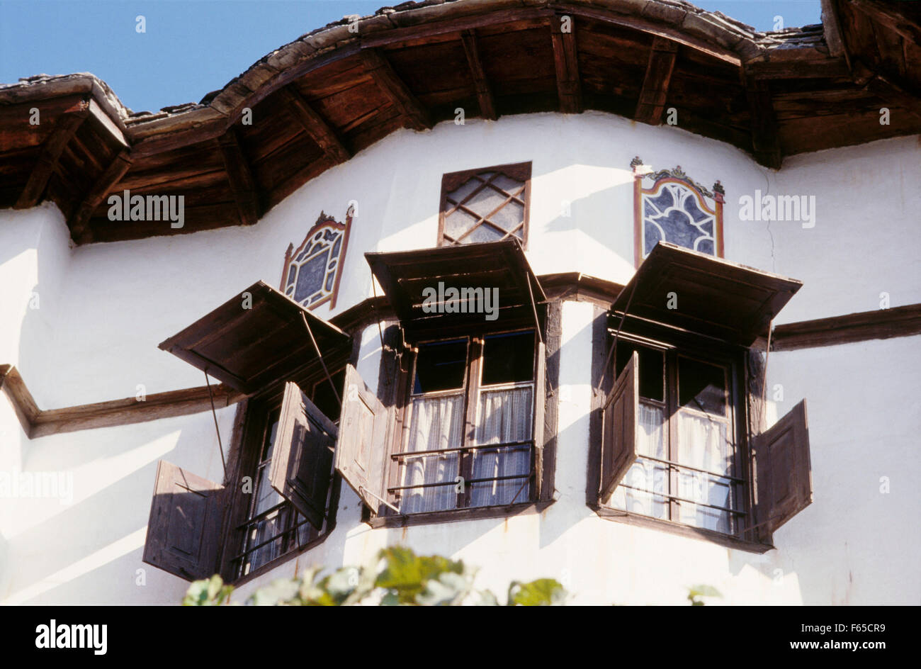 Close-up of traditional wooden window of house in Makrinitsa, Greece ...