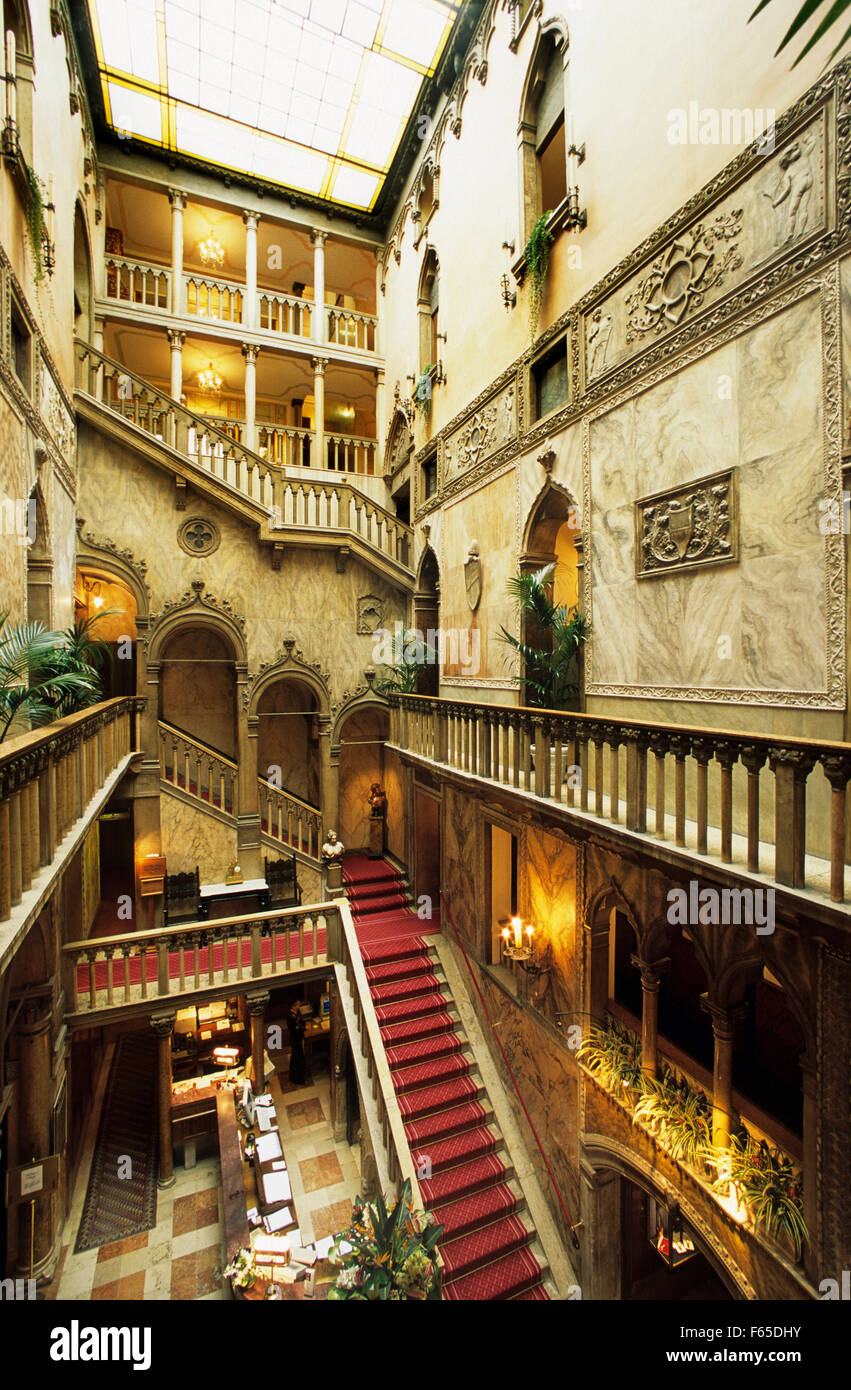 Hall with railings and staircases in Danieli hotel, Venice, Italy Stock ...