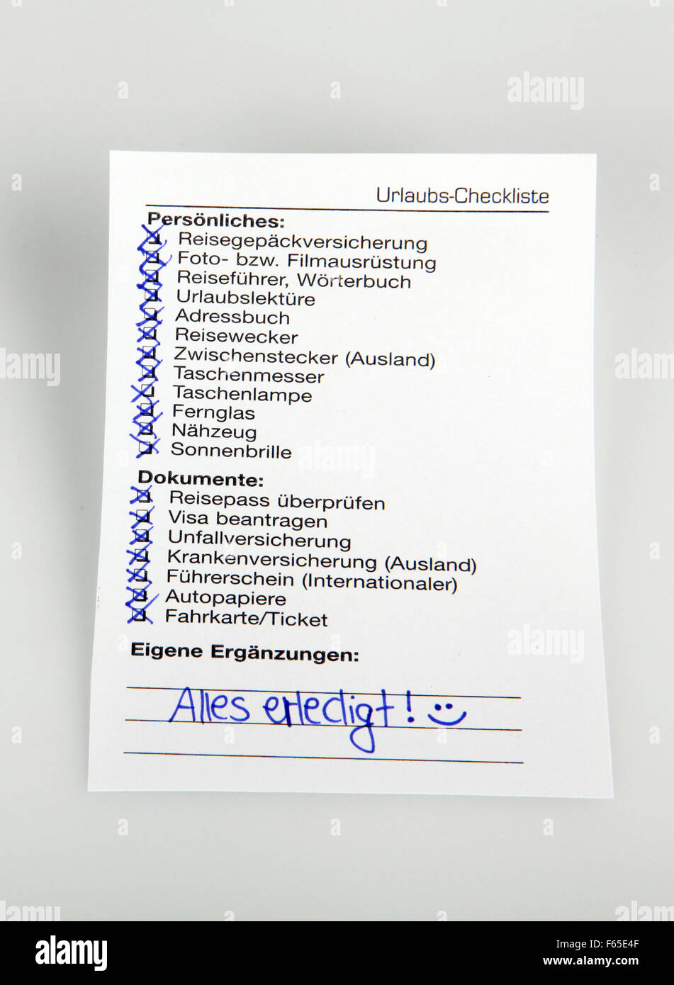 Personal checklist with daily errands during vacation Stock Photo - Alamy