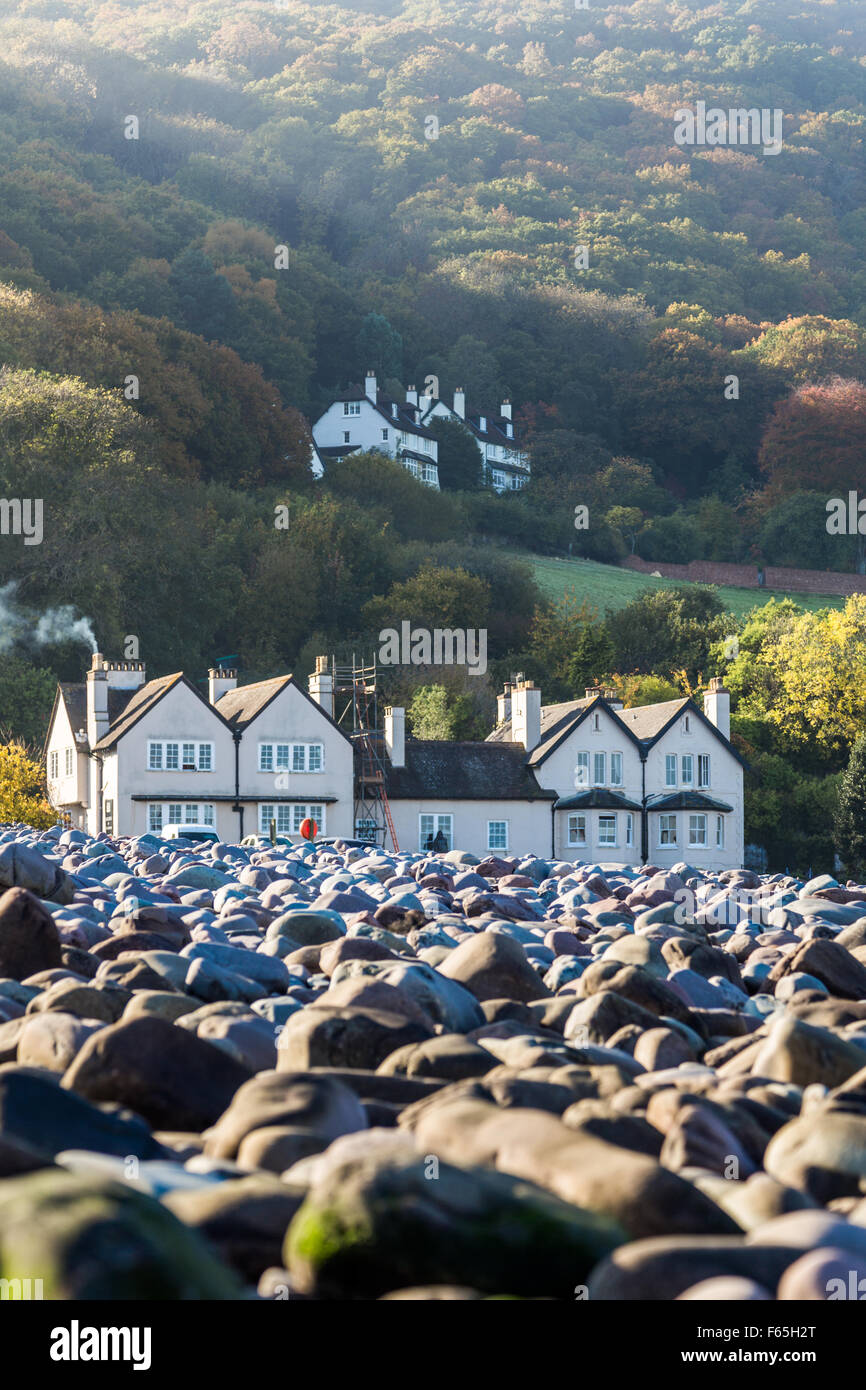 Hillside house,hotel & pub at Porlock Weir coastline and beach on the ...