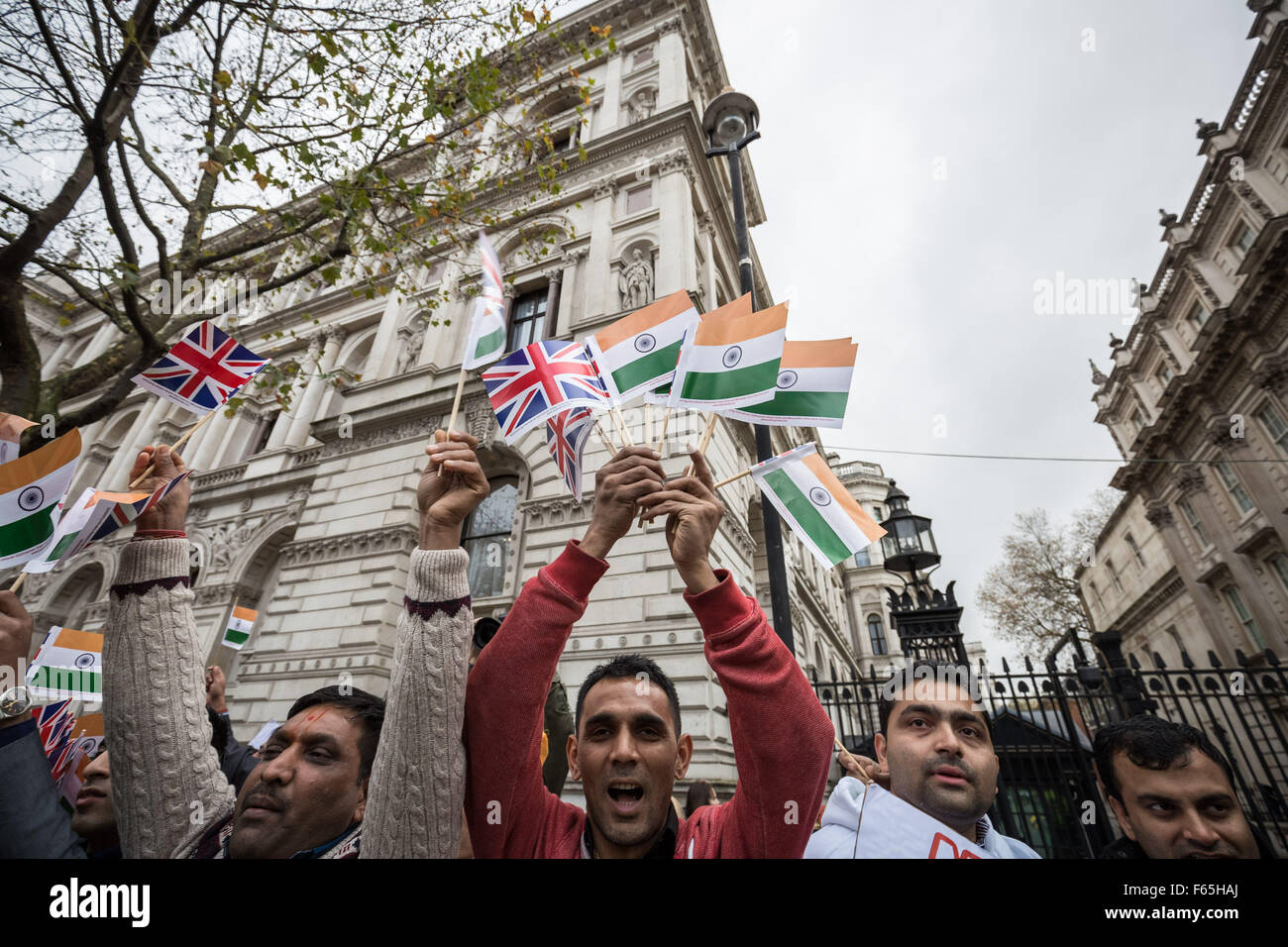London, UK. 12th November, 2015. Pro-Modi supporters outside Downing ...