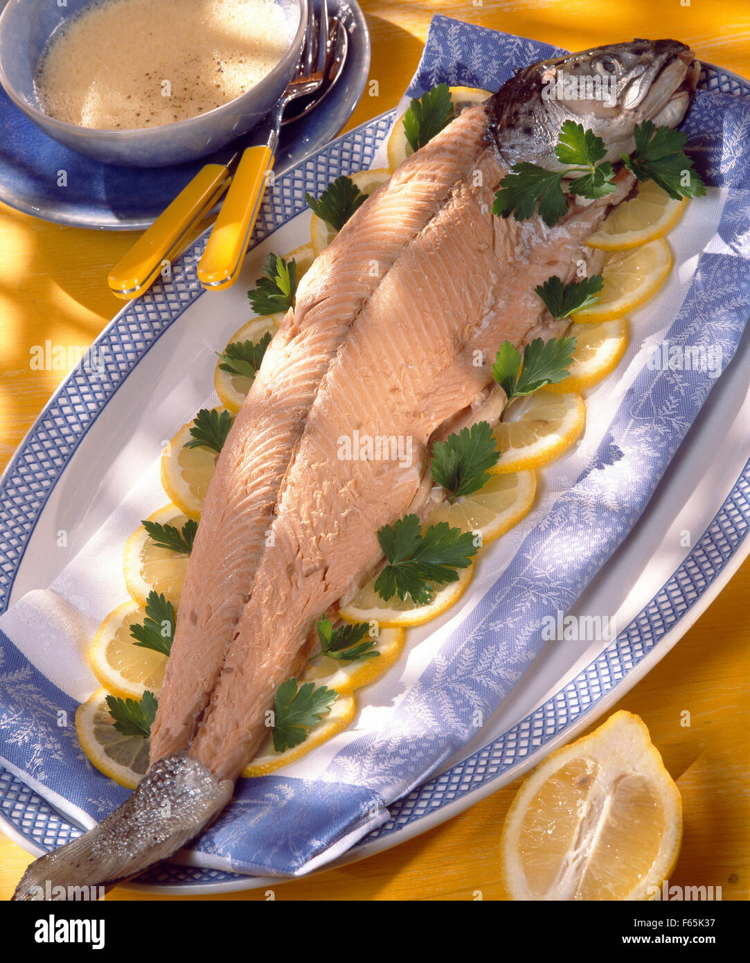 Poached salmon with mousseline sauce Stock Photo - Alamy