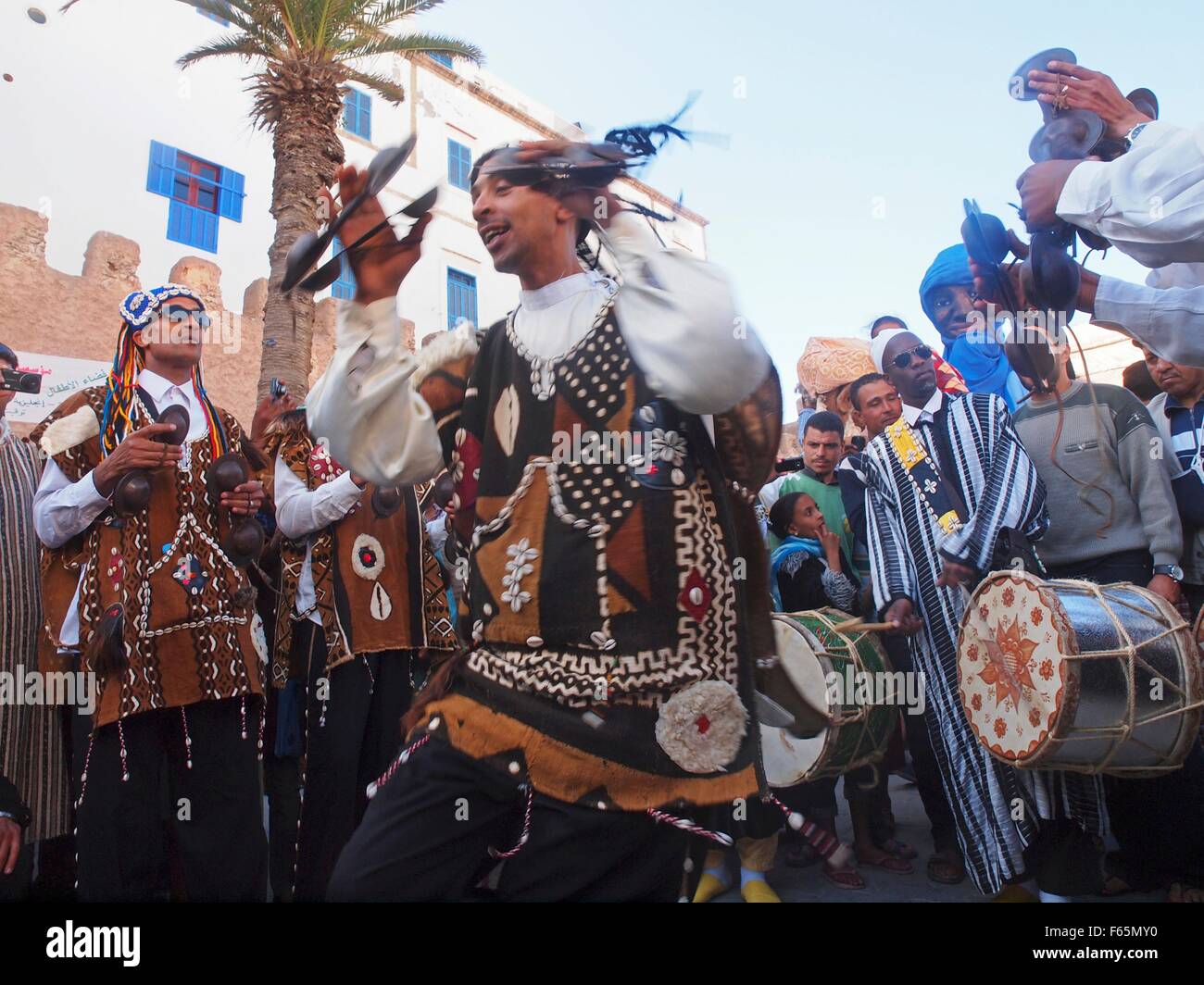 Musicians at the grand opening parade of the Gnaoua Festival (third ...
