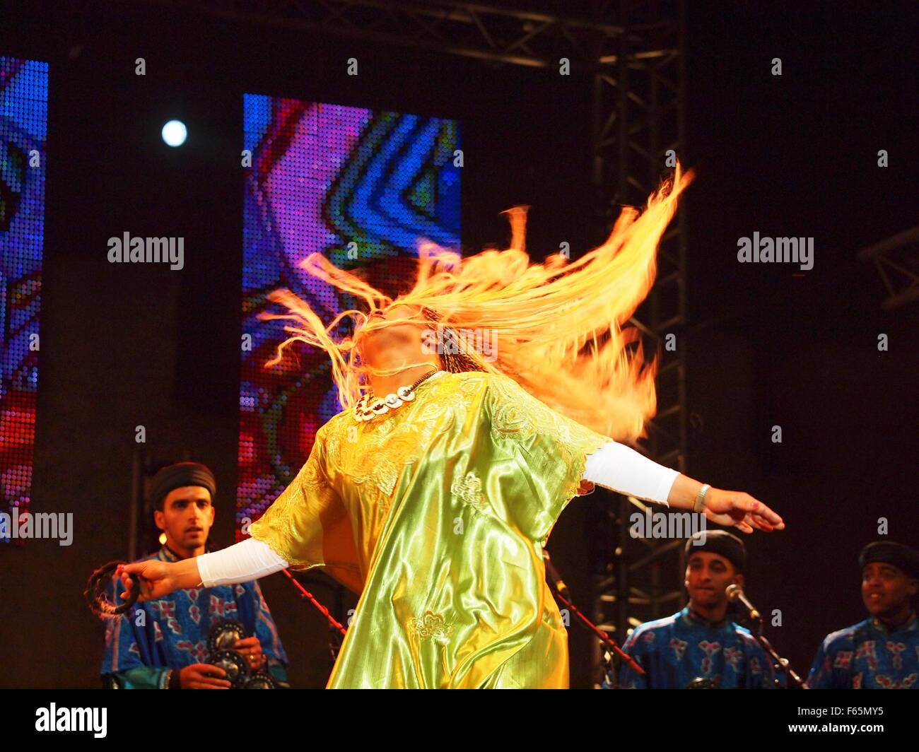 A dancer and singer at the Gnaoua Festival in Essaouira, Morocco Stock ...