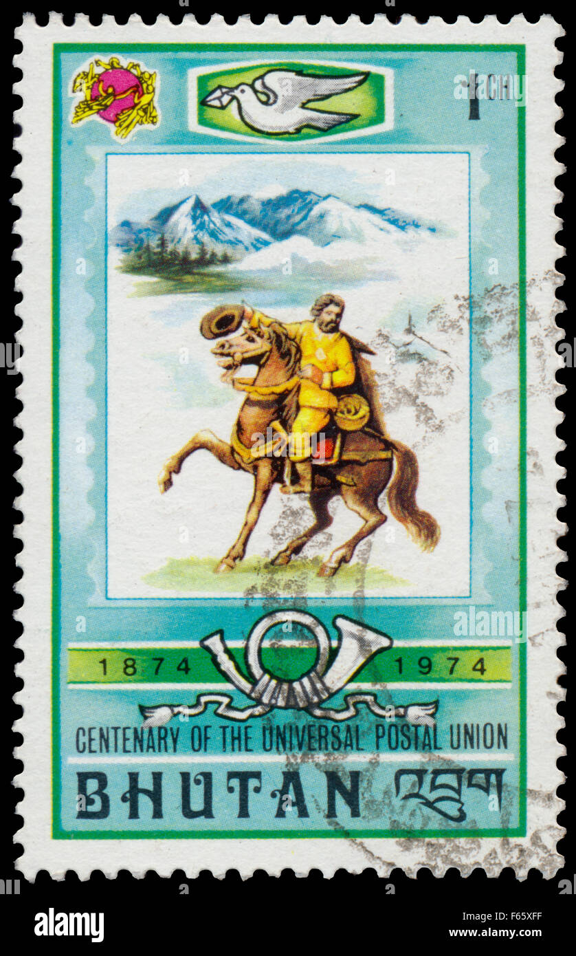 BHUTAN - CIRCA 1974: Stamp printed in Bhutan from the 100th Anniversary ...