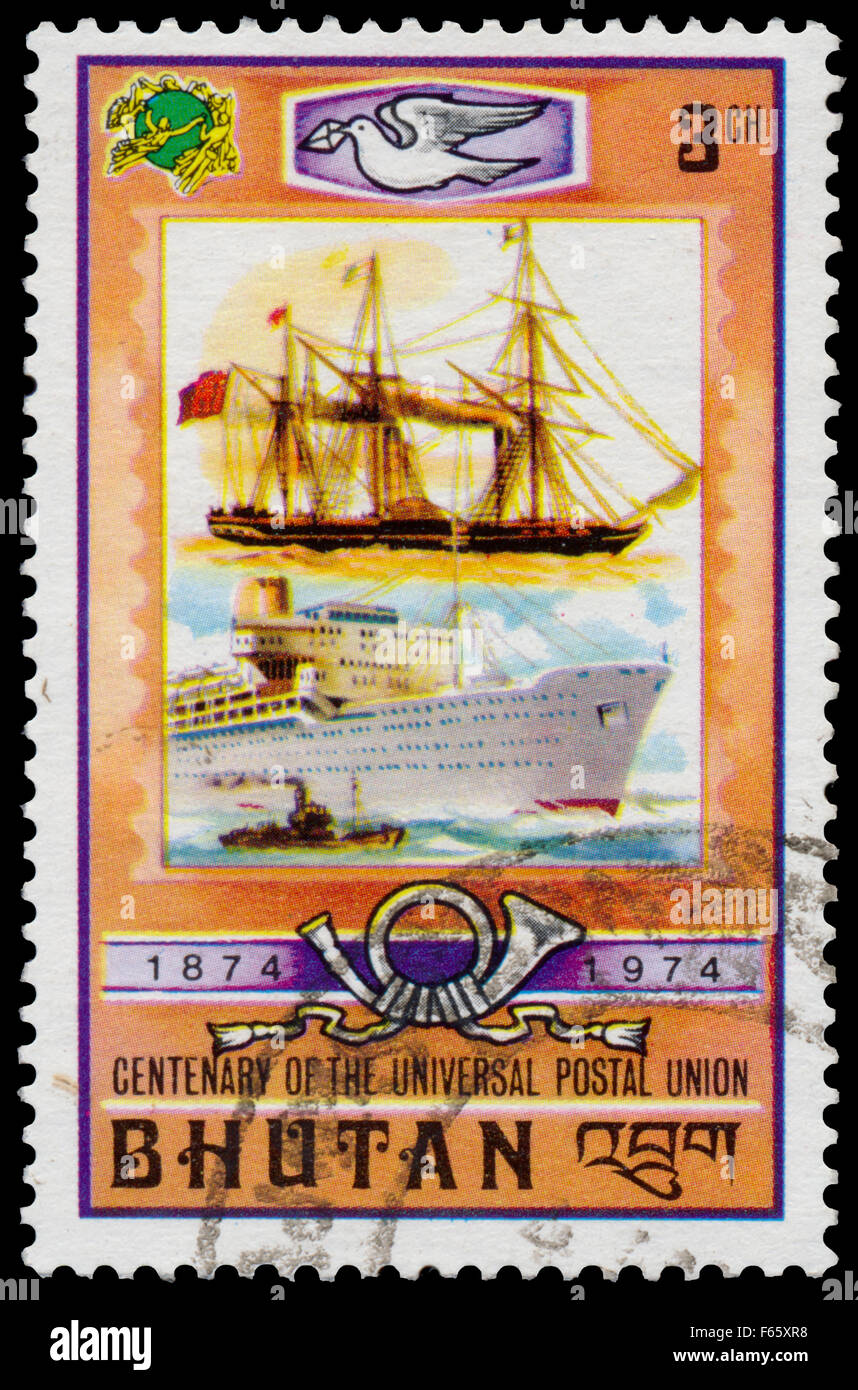 BHUTAN - CIRCA 1974: Stamp printed in Bhutan from the 100th Anniversary ...