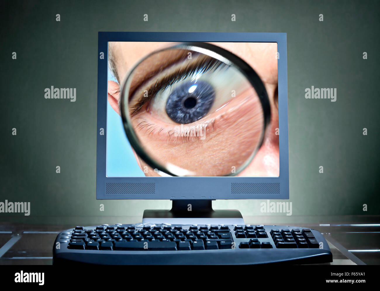 Eye with magnifier on a computer screen as an icon for monitoring Stock ...