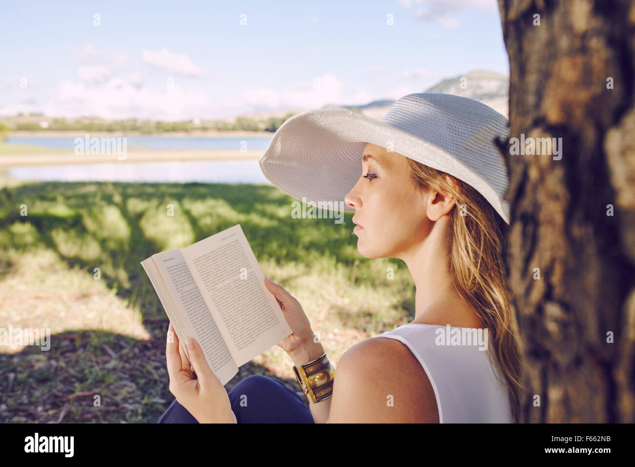 Woman reading a book under a tree in front of a lake Stock Photo - Alamy