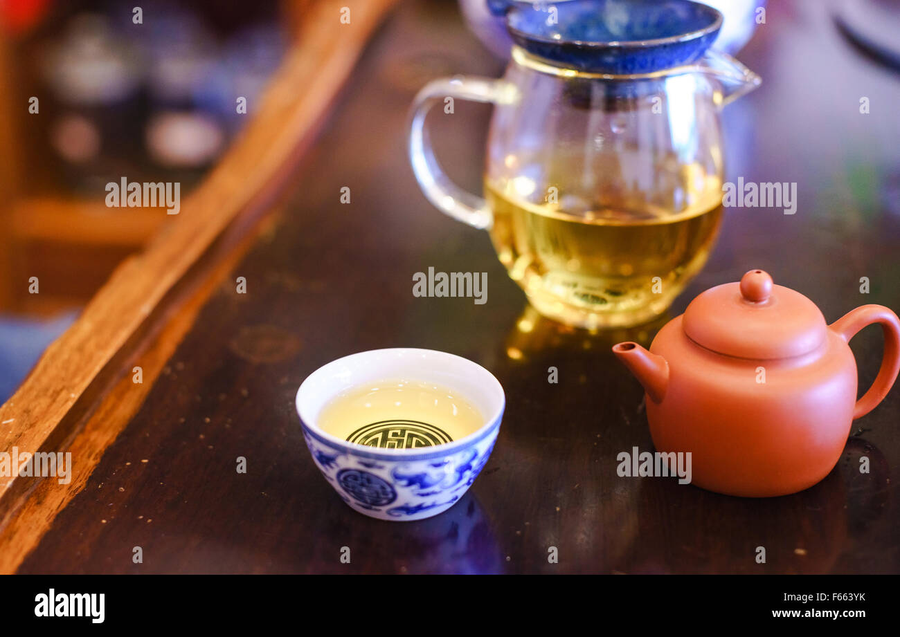 A cup of whole leaf lapsang souchong tea, a rich smoky flavored tea ...