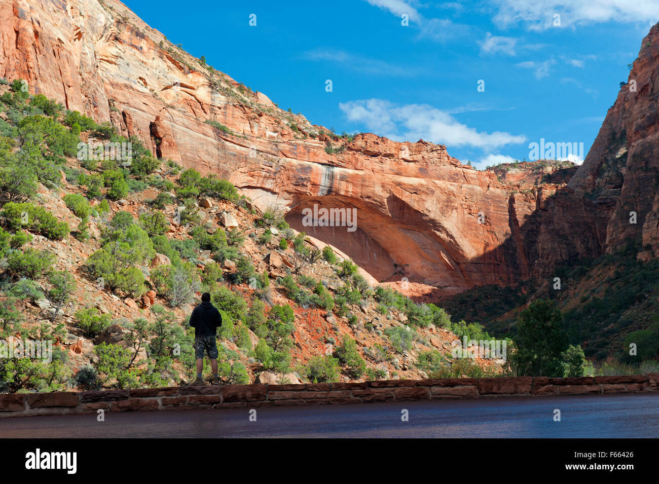 Man looking at the Great Arch of Zion, along the Zion-Mt Carmel highway ...