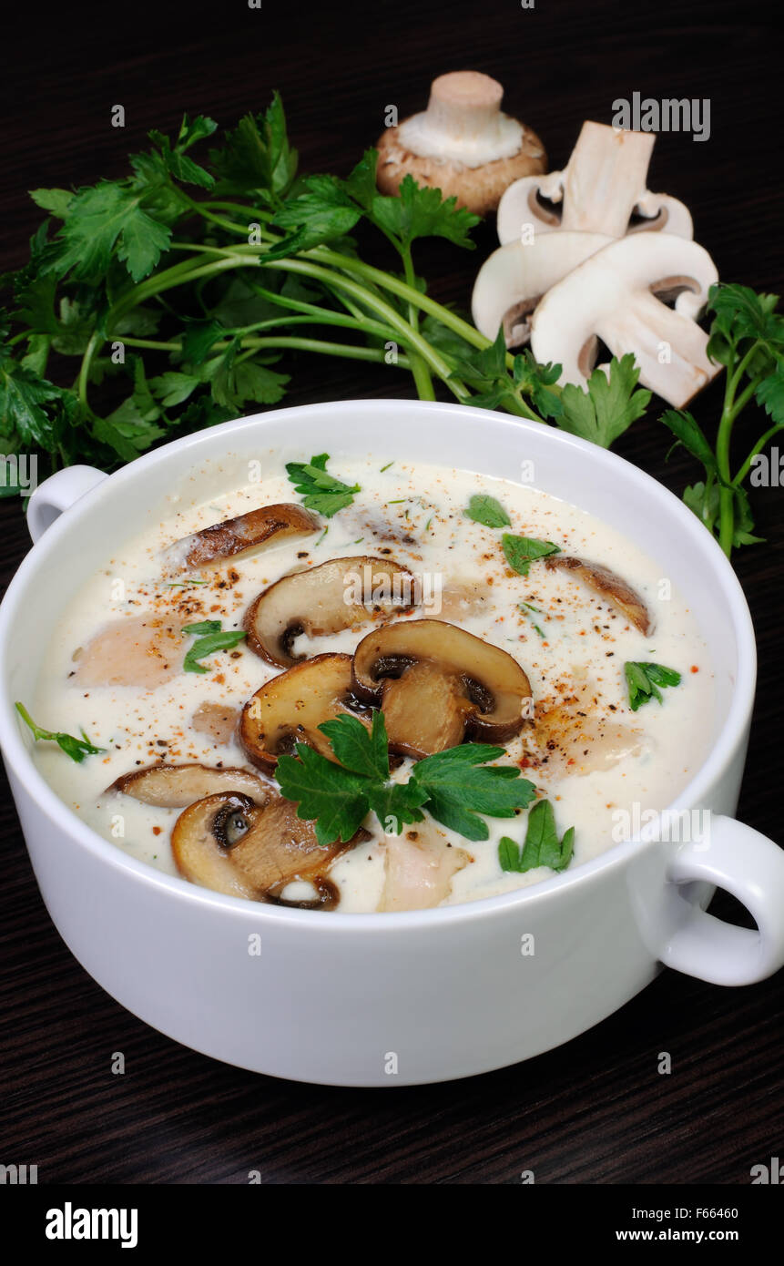 creamy soup pureed mushrooms and slices of chicken Stock Photo - Alamy