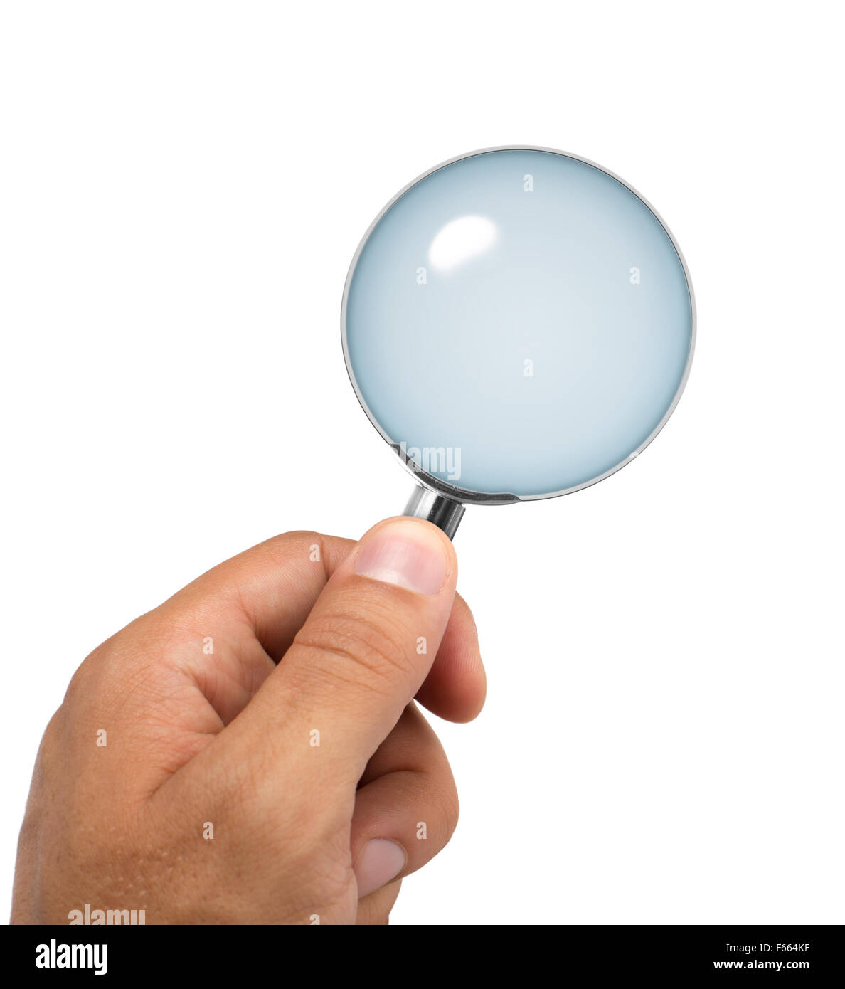 Hand holding magnifying glass isolated on white Stock Photo - Alamy