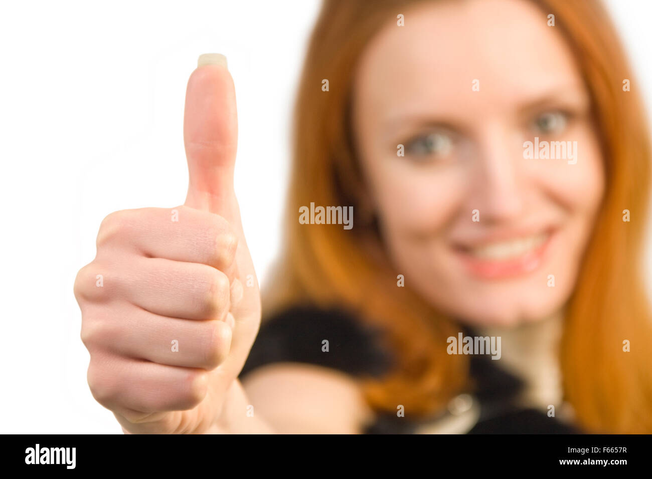 Beautiful attractive smiling business woman showing OK sign isolated on white Stock Photo - Alamy