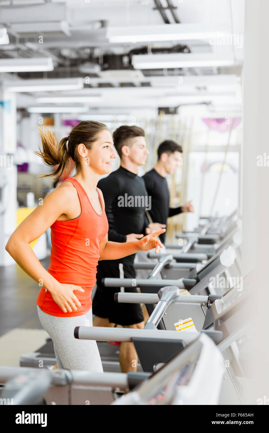 Group of young people running on treadmills in a fitness center Stock ...
