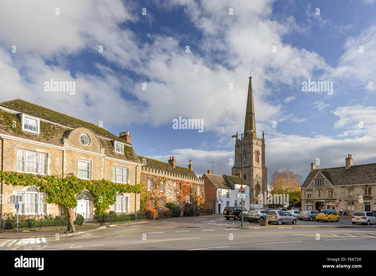 The spire of St Lawrence Church in the Cotswold town of Lechlade on ...