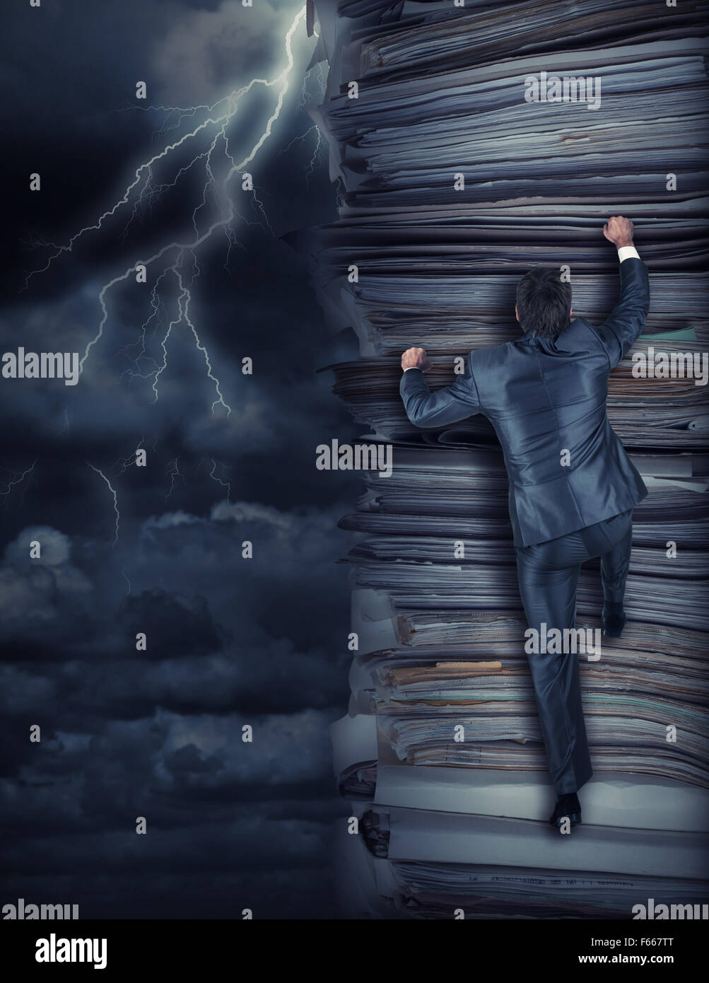 Businessmen climbing up a pile of documents at storm Stock Photo - Alamy