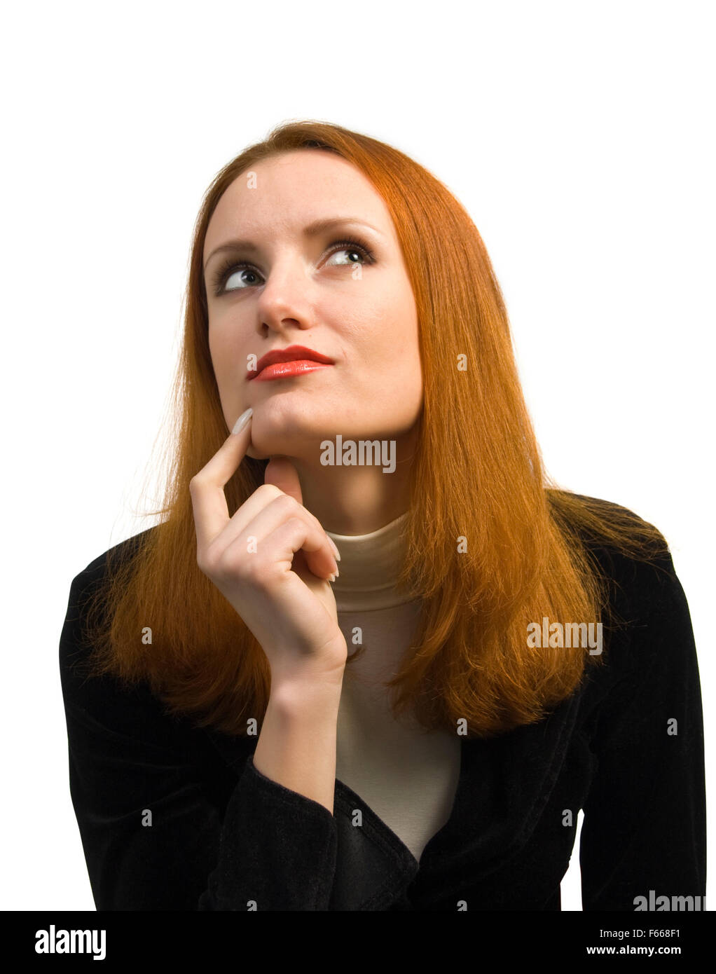 Thoughtful doubting business woman isolated on white Stock Photo - Alamy