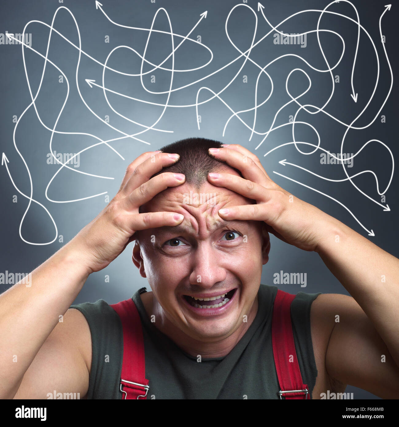 Portrait of stressed man with many arrows pointed in different ...