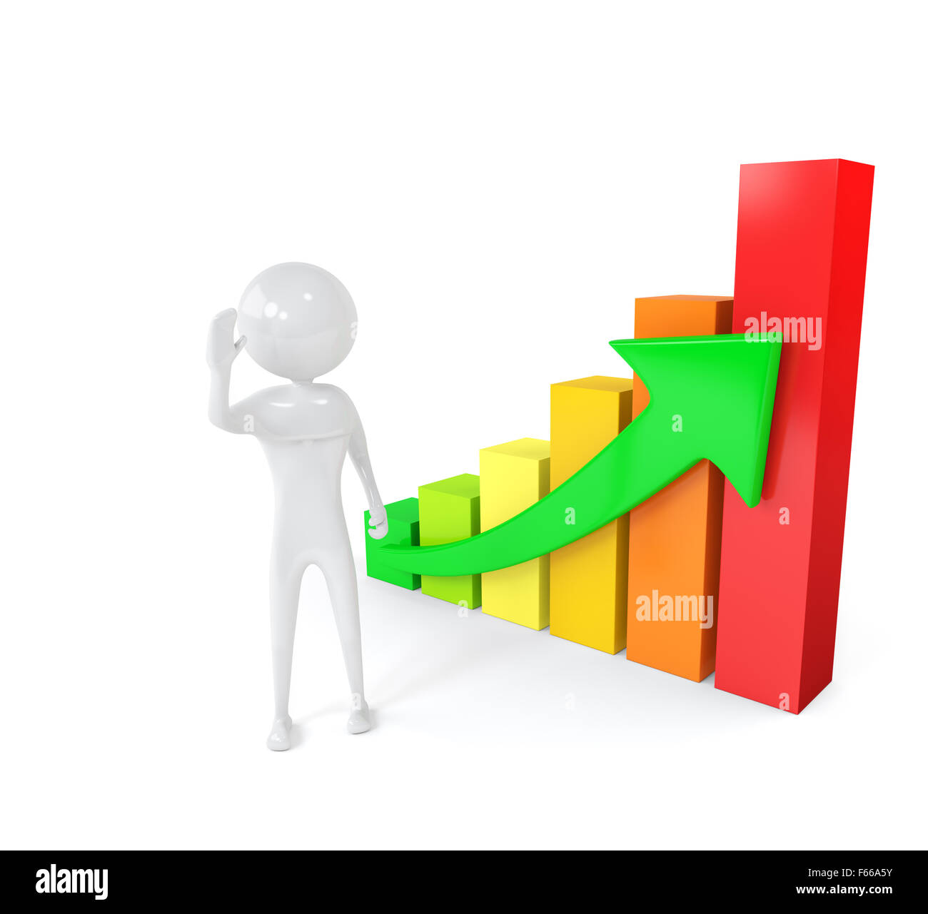 White man stand near bar graph with green arrow Stock Photo - Alamy