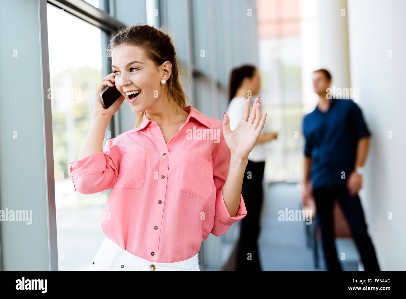 Beautiful women, colleagues using phones and talkin during break Stock ...