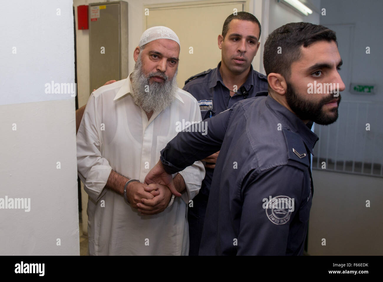 Jerusalem. 12th Nov, 2015. Sheikh Khaled al-Mughrabi is brought to the ...