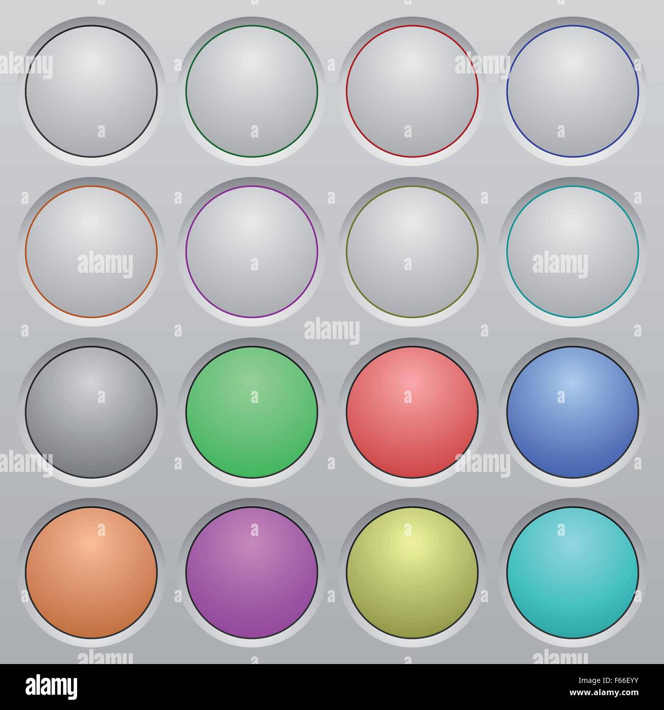 Set of blank plastic sunk spherical buttons on light gray background. 16 variations included ...