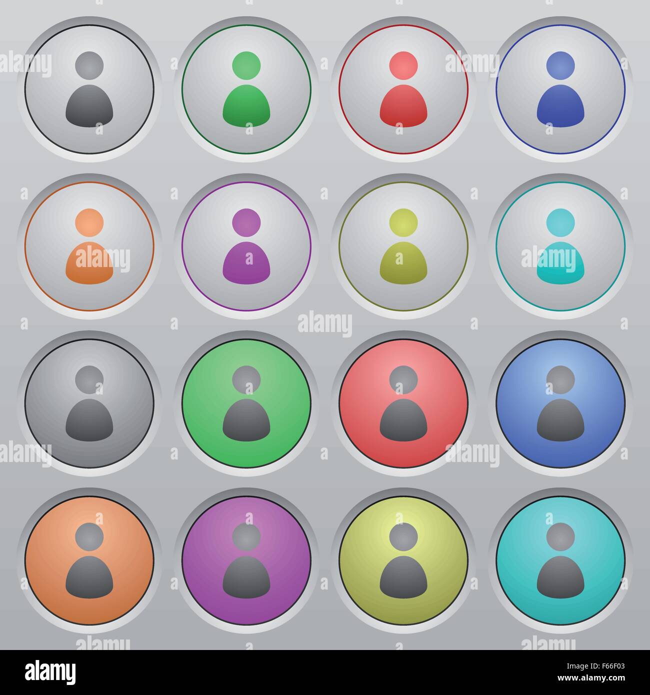 Set of user plastic sunk spherical buttons on light gray background. 16 variations included ...