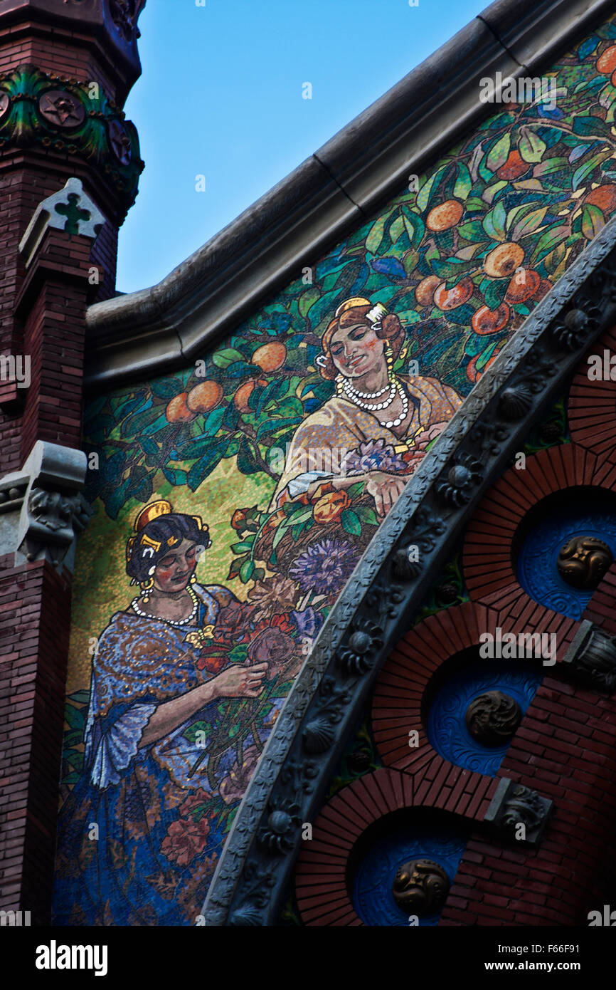 Mosaic tile inlay in an exterior archway of the Mercado Colon in ...
