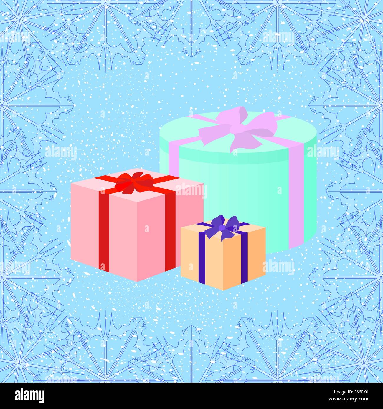 Three Christmas gift boxes on the snow background. Decorative frame ...