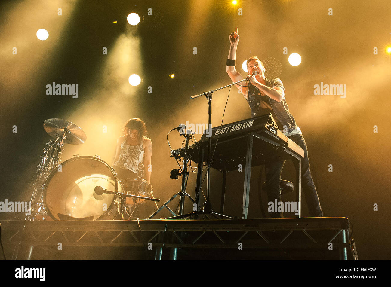 American alternative dance duo 'Matt and Kim' performing live on stage ...